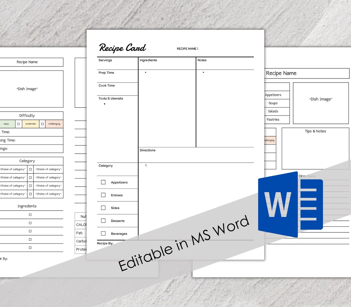 Editable Recipe Template, Printable Recipe Cards, Recipe Sheets, Recipe ...