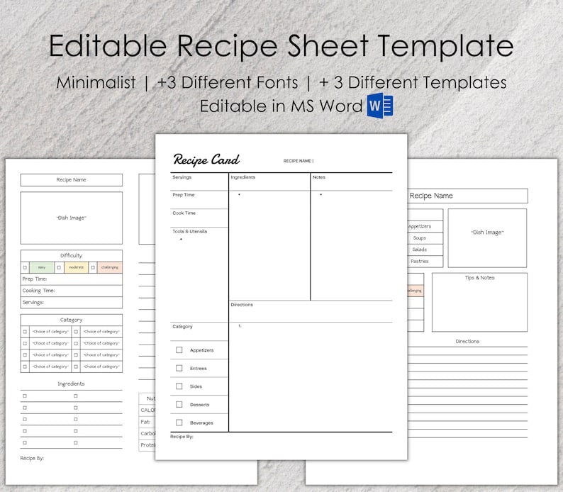 Editable Recipe Template, Printable Recipe Cards, Recipe Sheets, Recipe ...