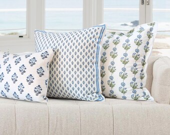 Neutral Blue Pillow Cover Set Light Blue Pillow Set Block Print Pillow ...