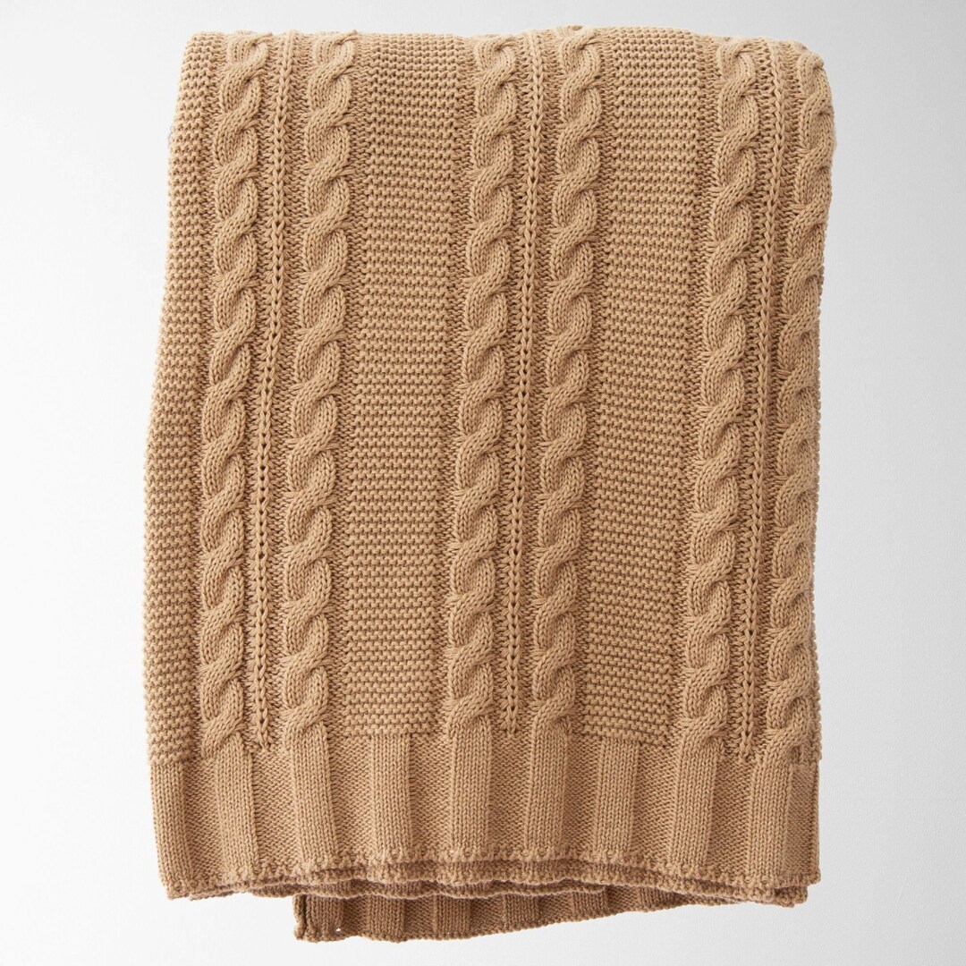 Luna Cable Knit Cotton Throw in Beige 100% Cotton Throw Cable-knit ...
