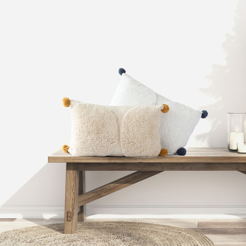 Thea Tufted Half Circle Pillow Cover | White With Navy Pom-poms - Etsy