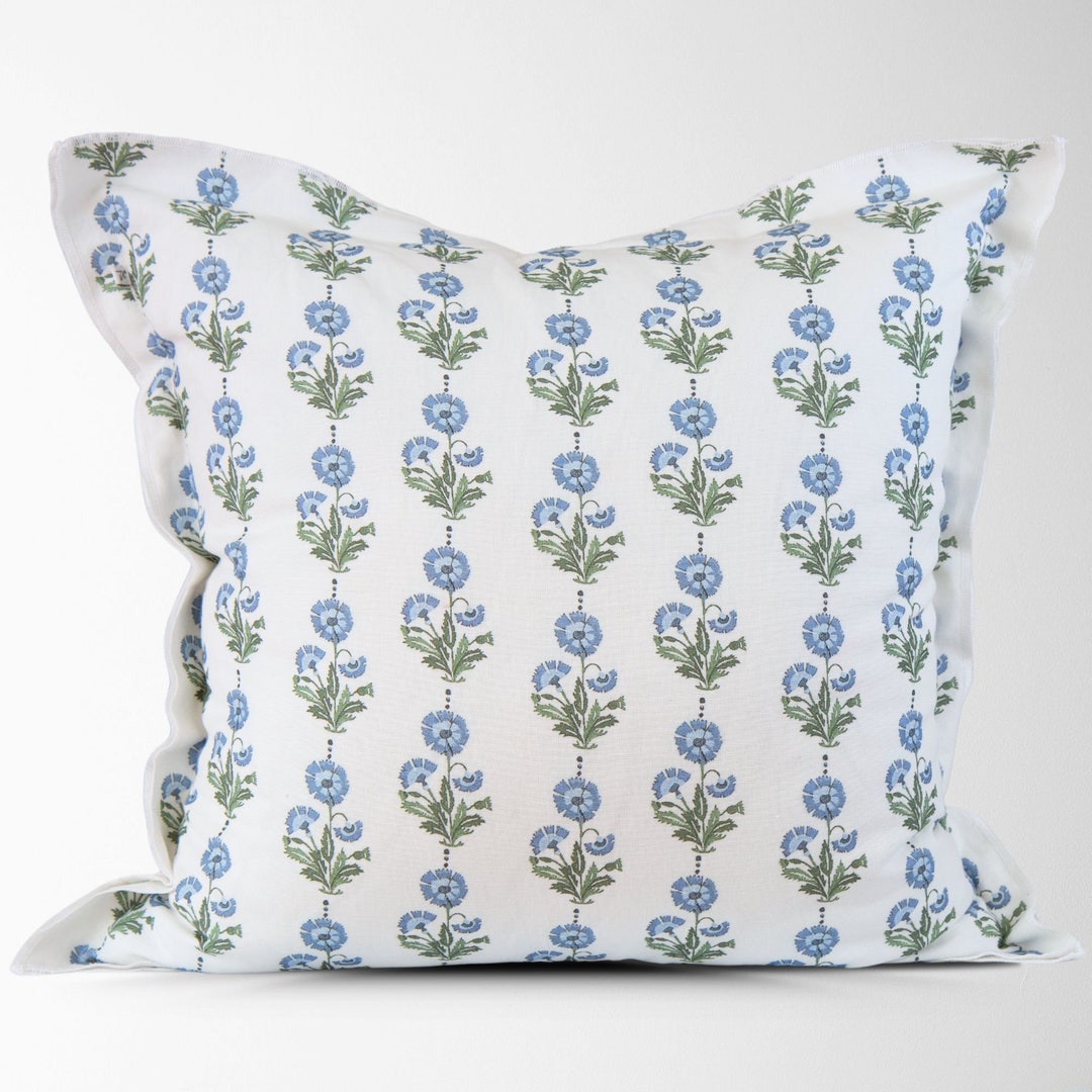 Blue Floral Block Print Pillow Cover | 22x22 Cotton Linen Throw Pillow ...