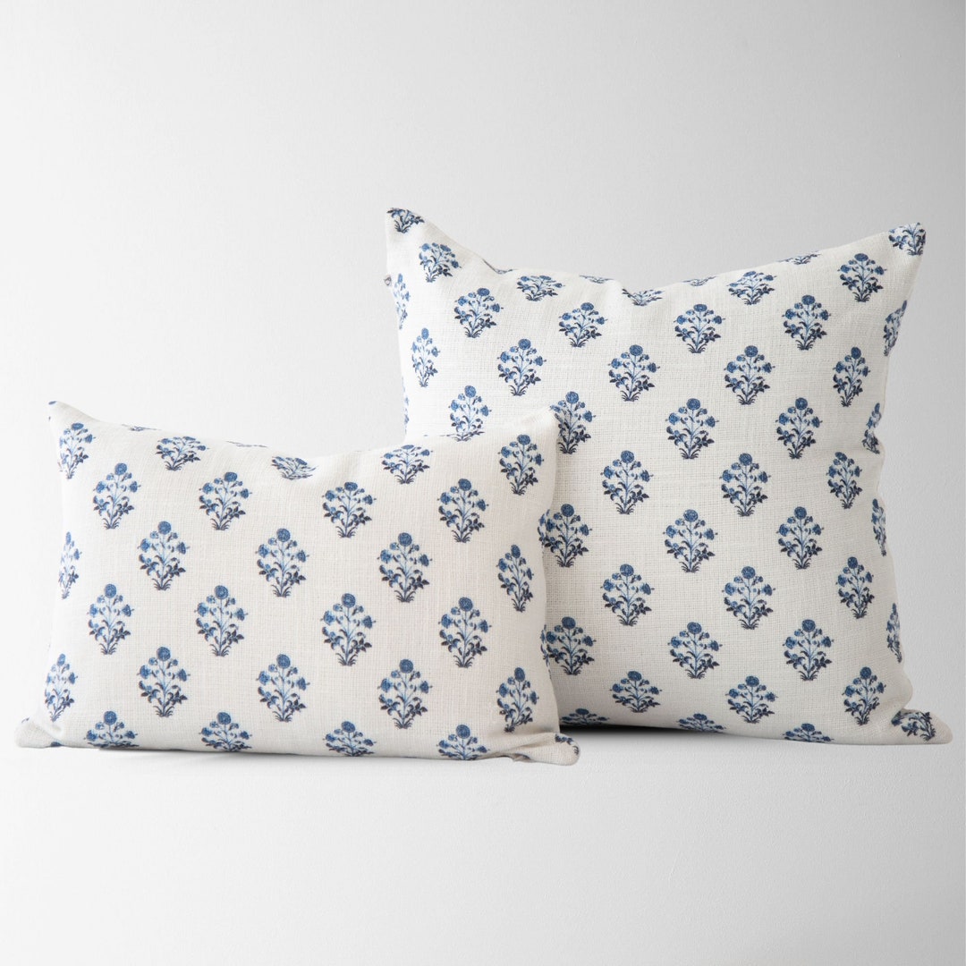 Blue Floral Block Print Pillow Cover || Blue Floral Pillow Cover ...