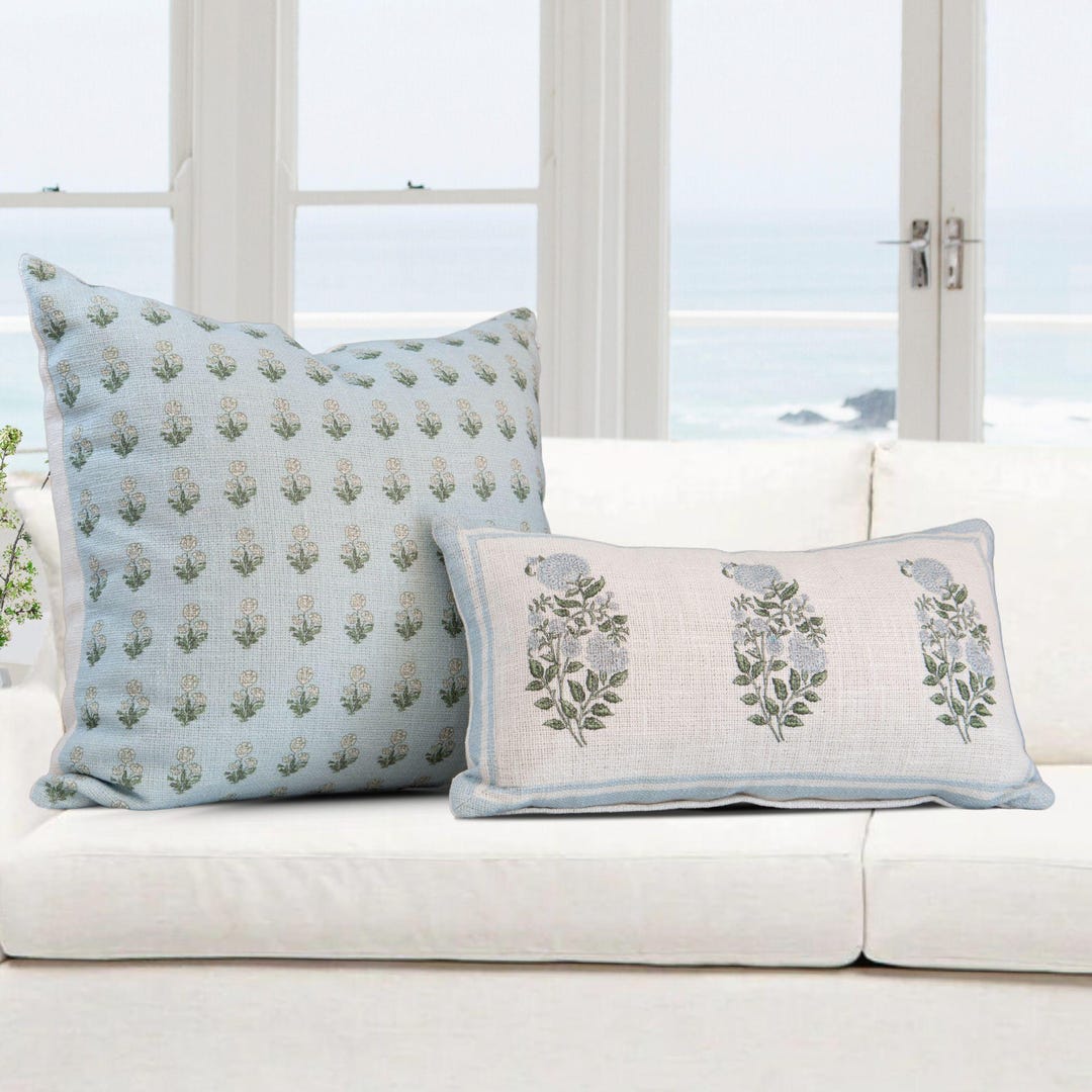 Arabella Block Print Pillow Cover in Sky - 2 Piece Set || Cotton Pillow ...