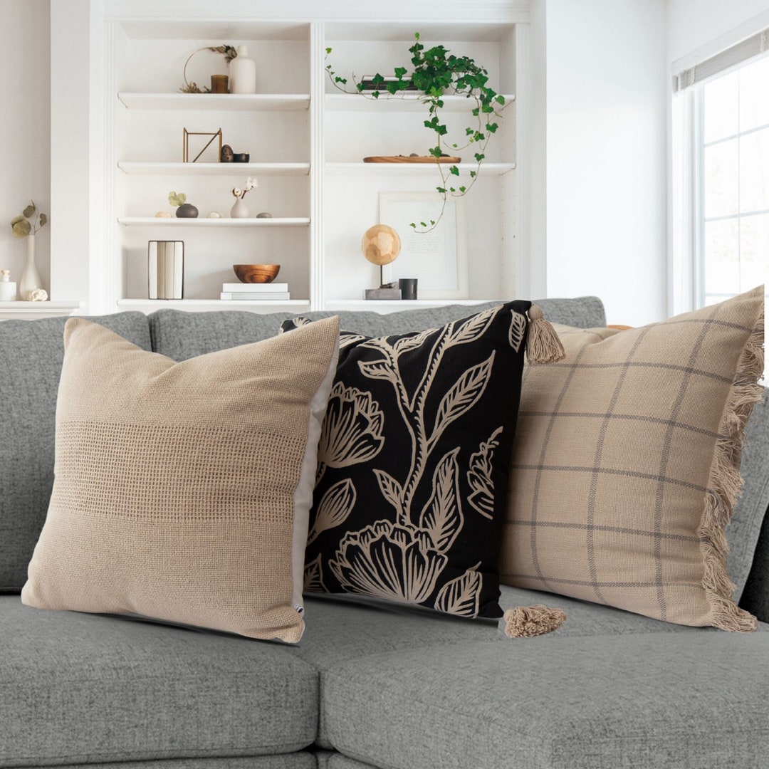 Emmeline Modern Farmhouse Beige Pillow Covers Set of 3 20x20 and 22x22 ...