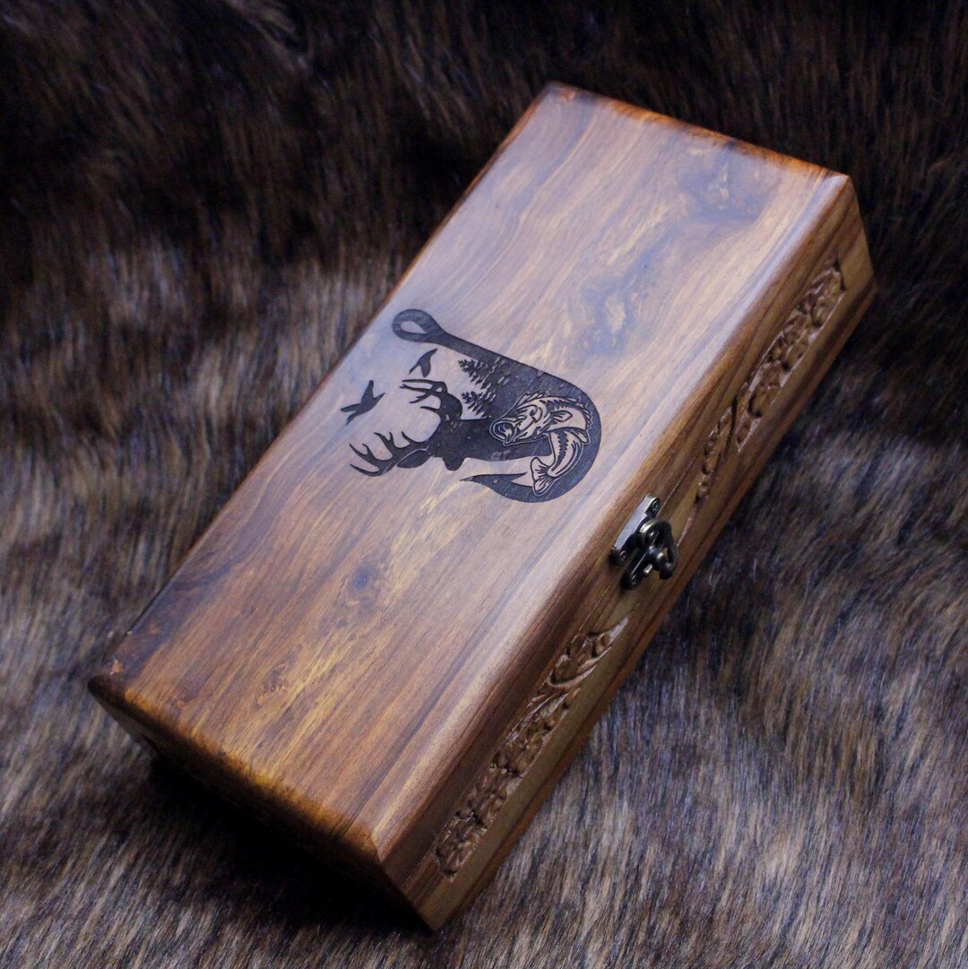 Fish Hook Box, Hand-carved Wooden Box, Hunting Knife, Memory Box ...