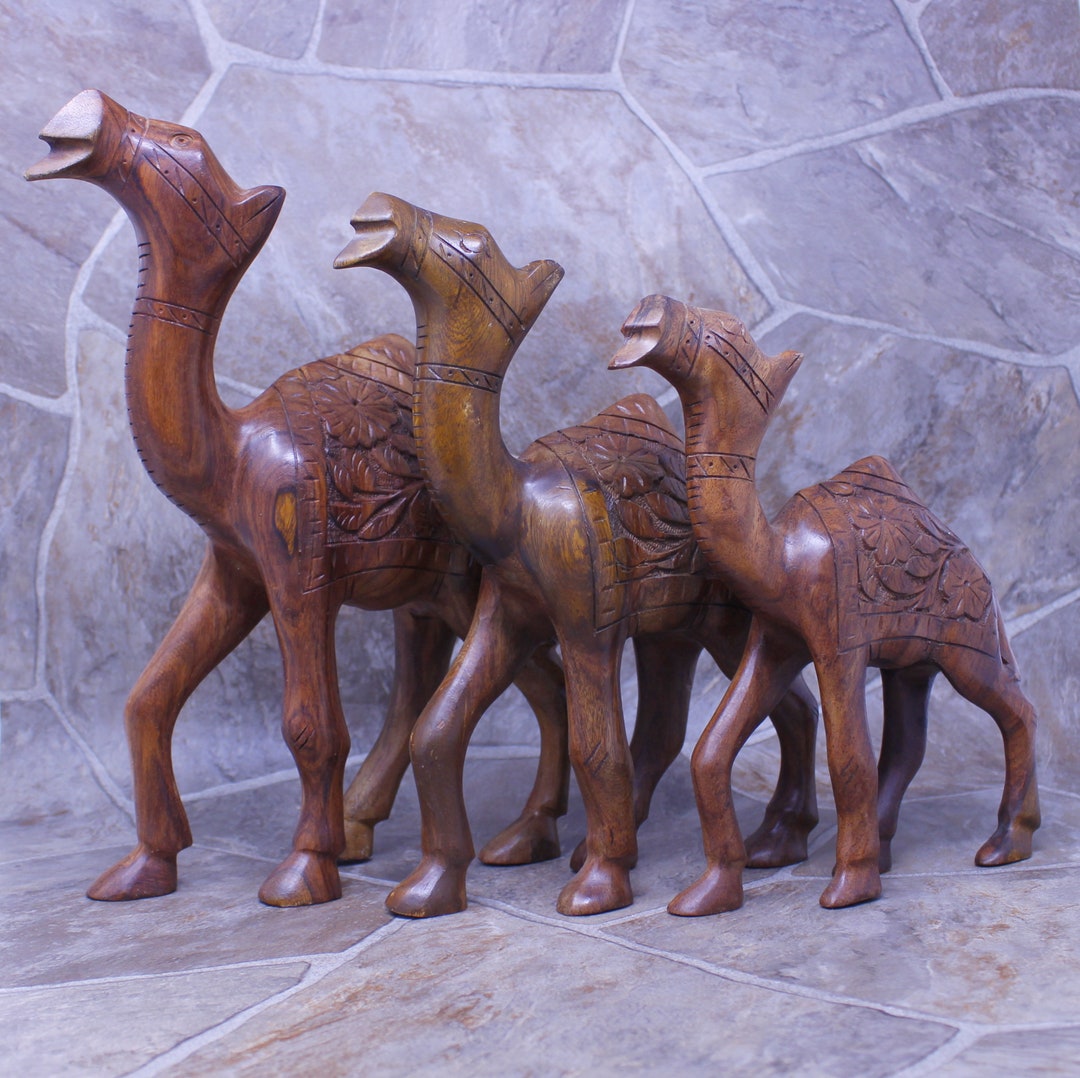 Set of 3 Wooden Camel With Hand Engraved Details, Camel Statue, Camel ...