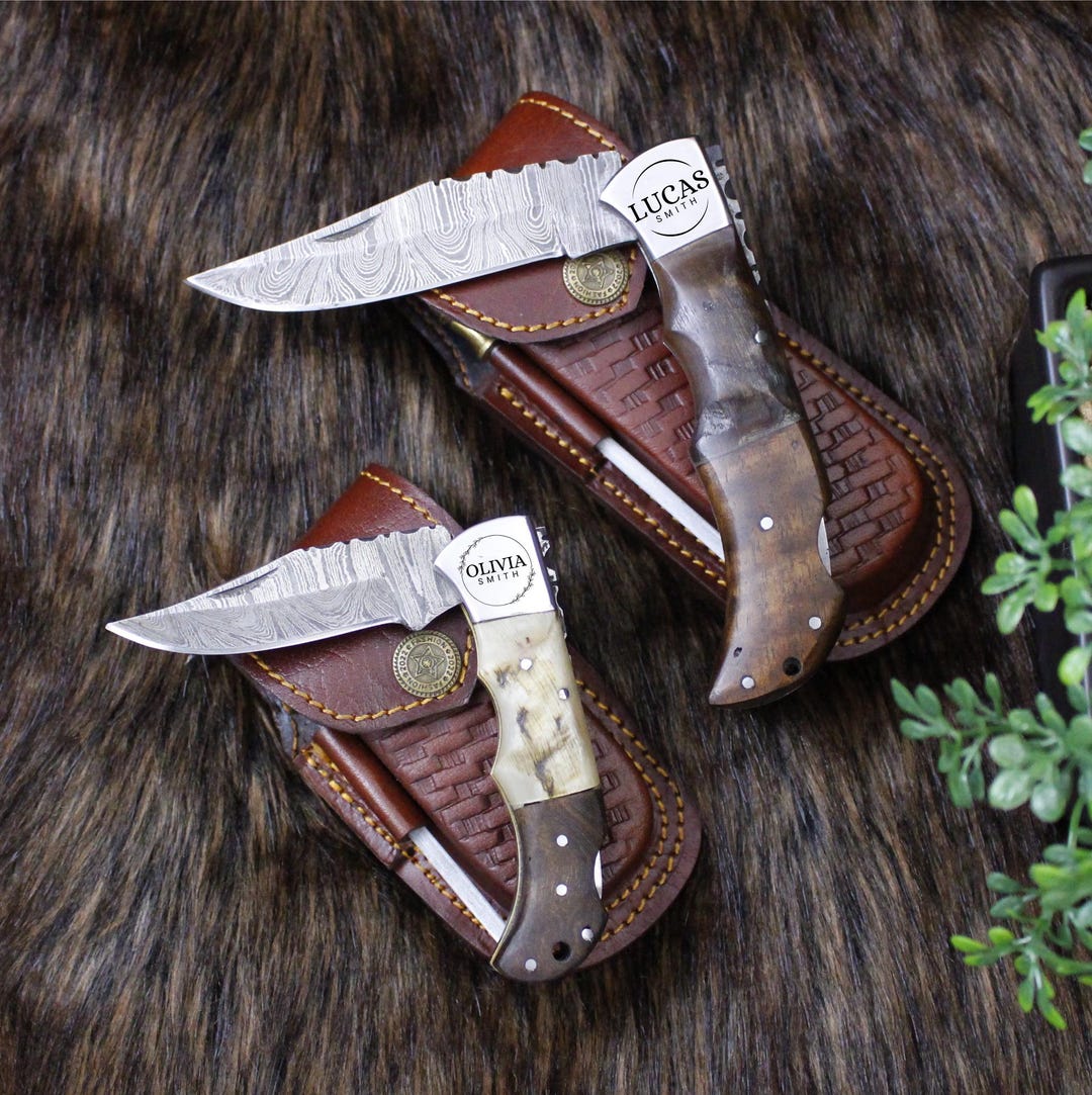 Set of 2 Damascus Steel Folding Knives, Rams Horn and Walnut Handle ...
