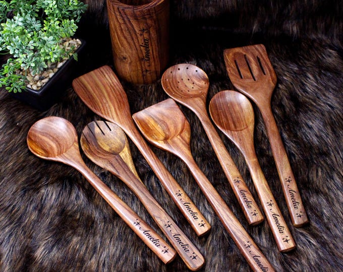 Personalized Rosewood Spoon Set With Holder: Engraved Kitchen Utensils ...