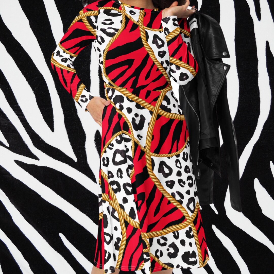 Zebra Pattern All-over Print Long Sleeve Midi Dress, Red Abstract Knee ...