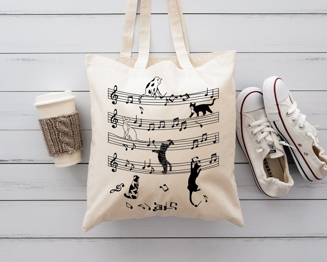 Cat Funny Music Notes Tote Bag, Cat Kitten and Music Lover Gift, Cute ...