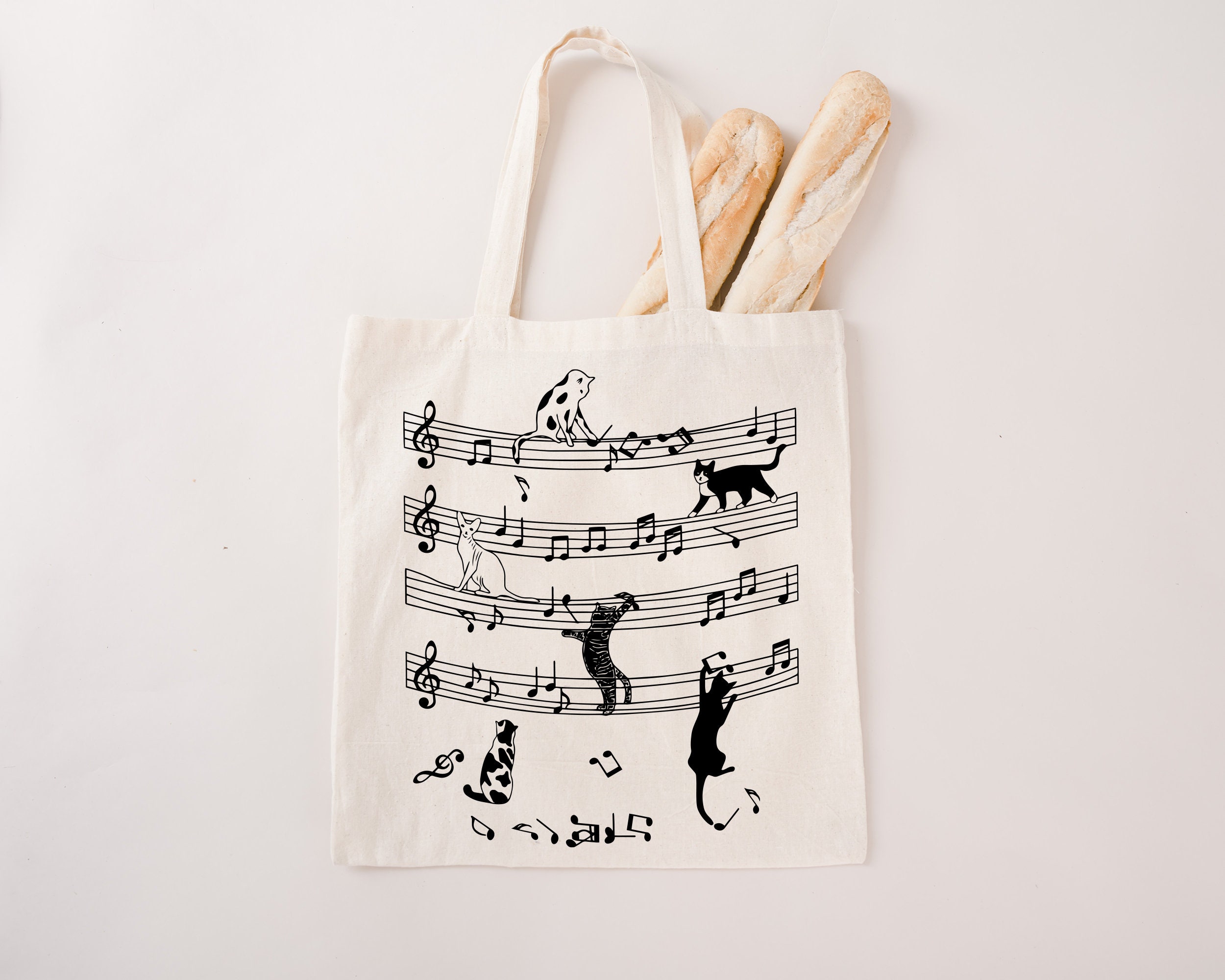 Cat Funny Music Notes Tote Bag, Cat Kitten and Music Lover Gift, Cute ...