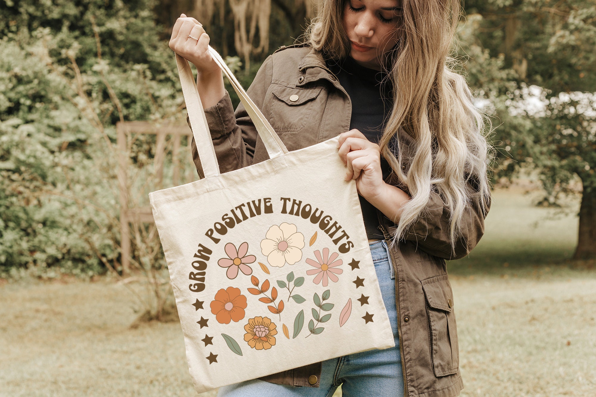 Grow Positive Thoughts Tote Bag, Floral Gift Shoulder Bag, Kindness ...