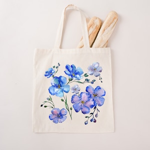Blue Floral Tote Bag, Cute Wildflower Gift Totes, Flower Graphic Canvas ...