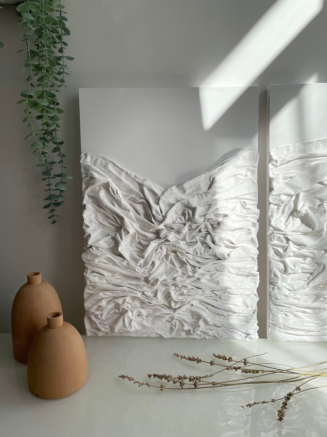 Set of 2 White Fabric Textured Painting Wall Art, Abstract Plaster ...