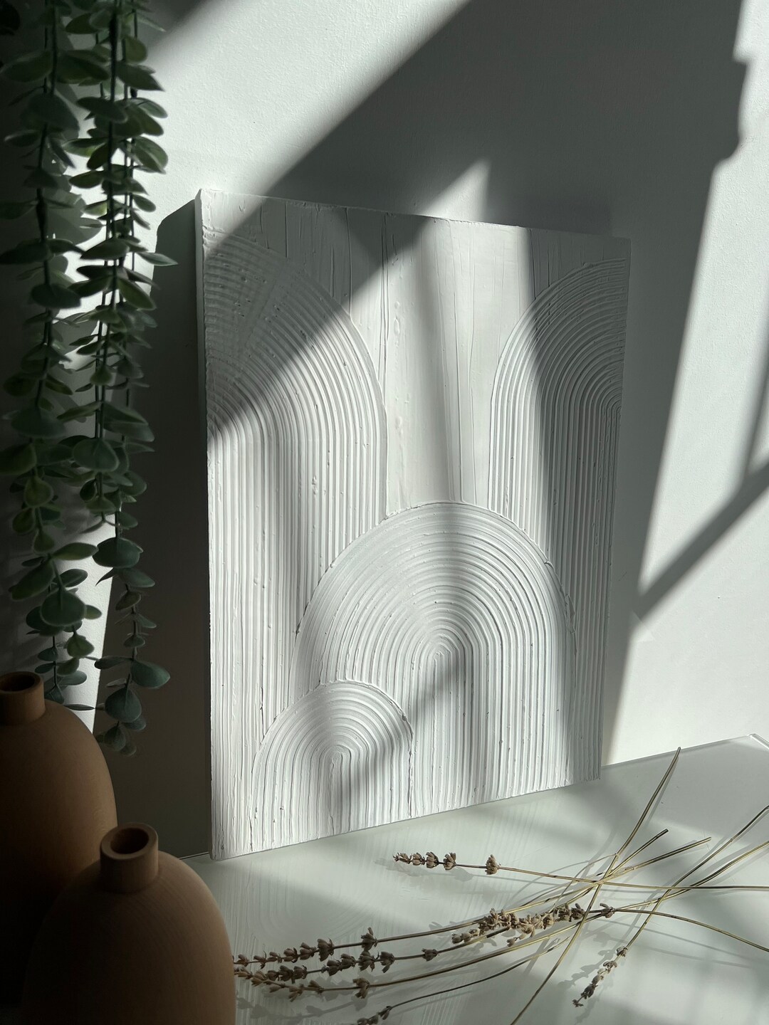White Textured Rainbow Wall Art, Arched Textured Abstract Plaster ...