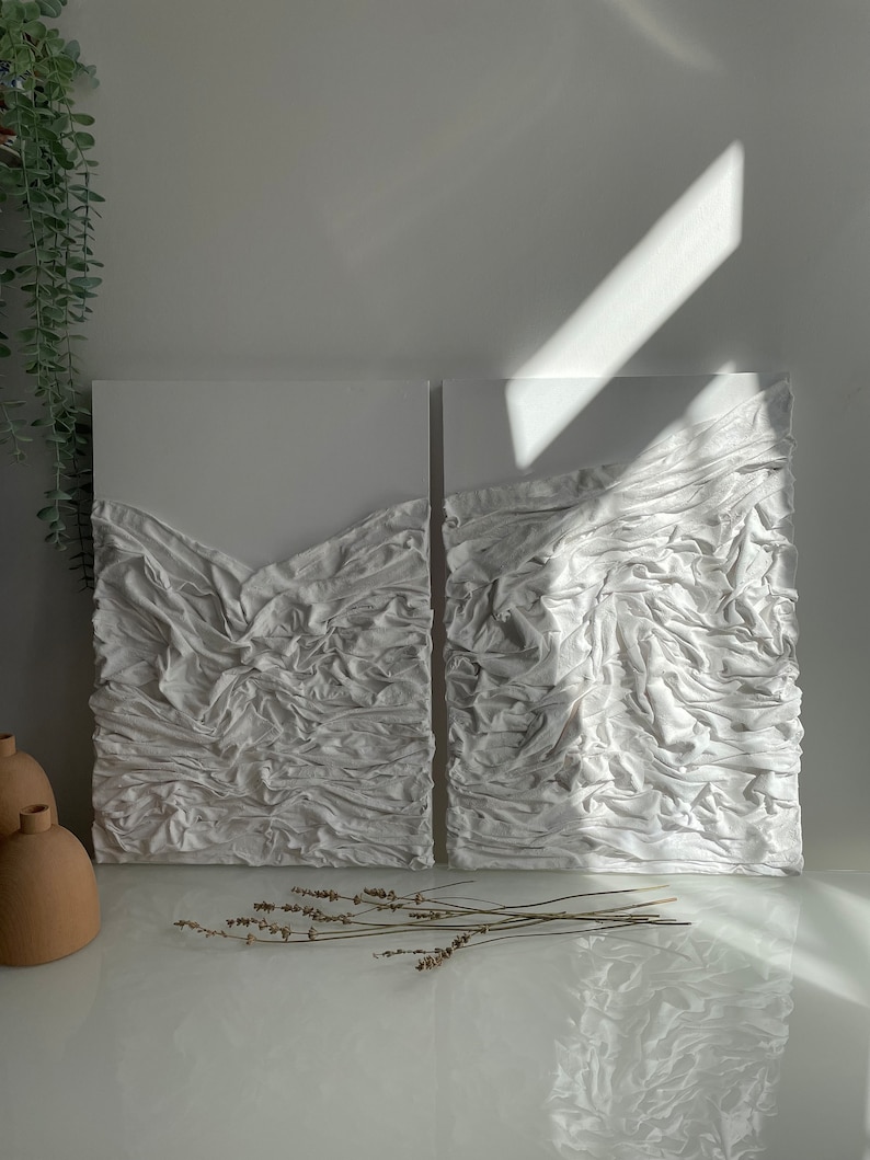 Set of 2 White Fabric Textured Painting Wall Art, Abstract Plaster ...