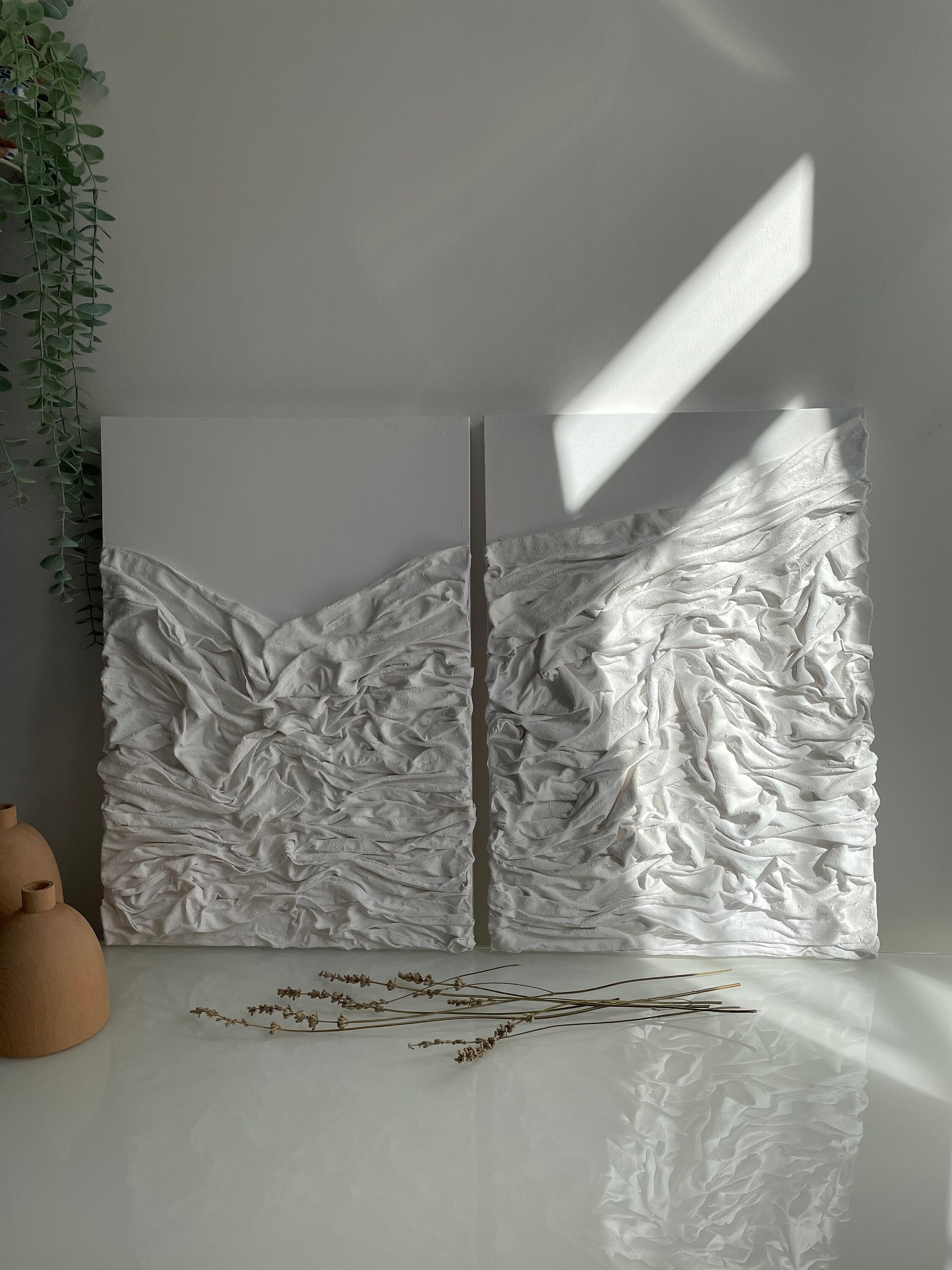 Set of 2 White Fabric Textured Painting Wall Art, Abstract Plaster ...