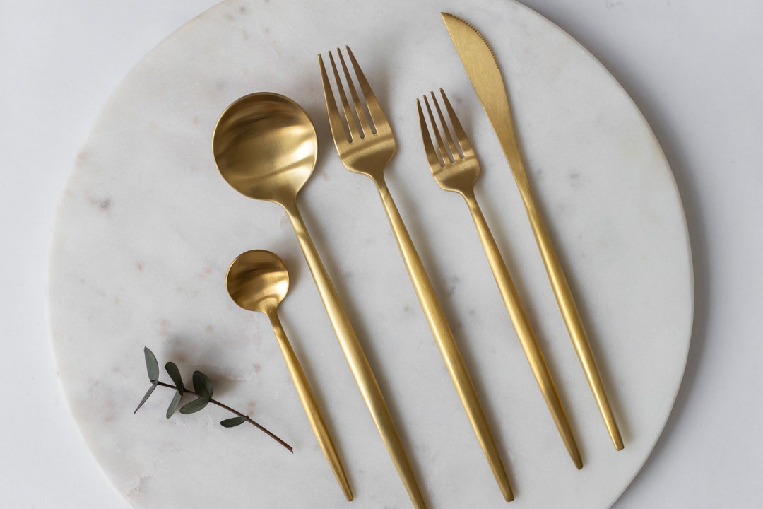5 Pieces Set GENOA Matte Gold Flatware - Etsy