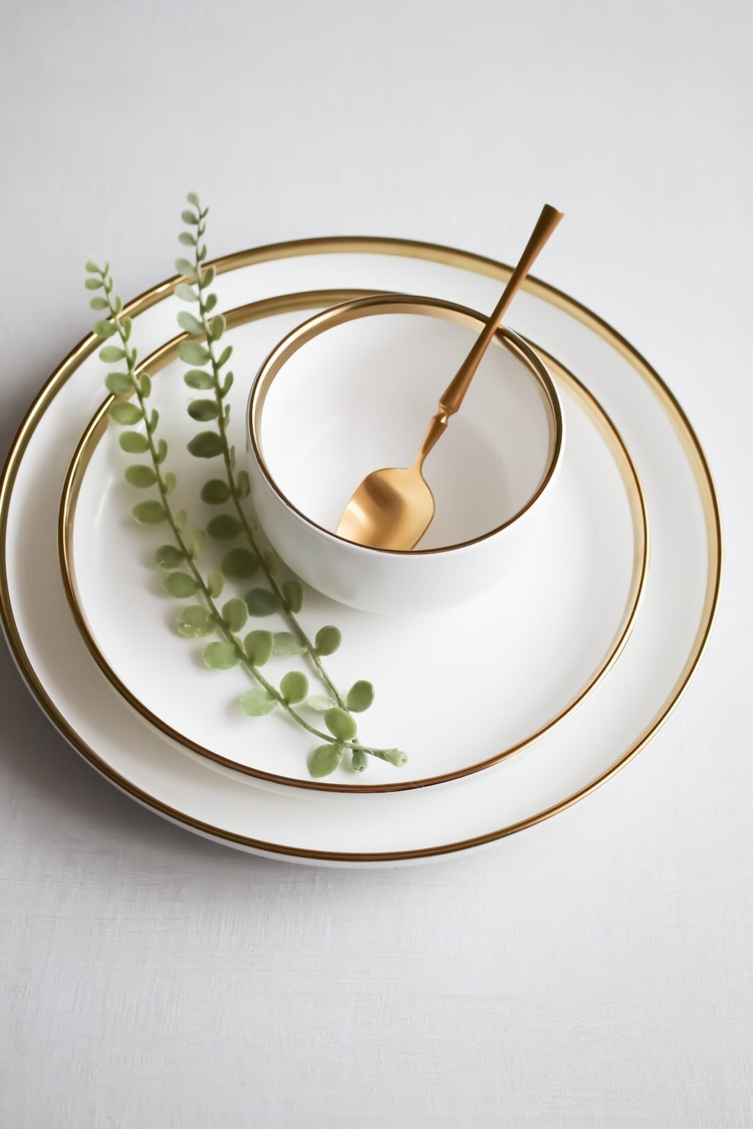Handmade White Ceramic Dinnerware Set With Gold Rim – 4 Piece Modern ...