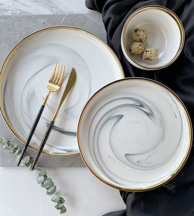 Handmade Luxury Ceramic Marble Plate Design With Gold Rim, Modern ...