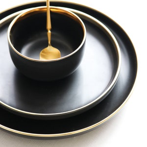 Black and Gold Ceramic Plate, Modern Dinnerware, Outdoor Dining, Black ...