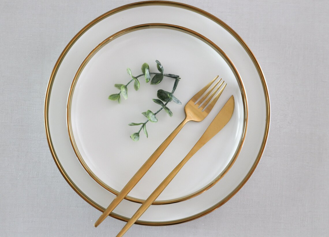White and Gold Ceramic Plate, Modern Dinnerware, Outdoor Dining, White ...