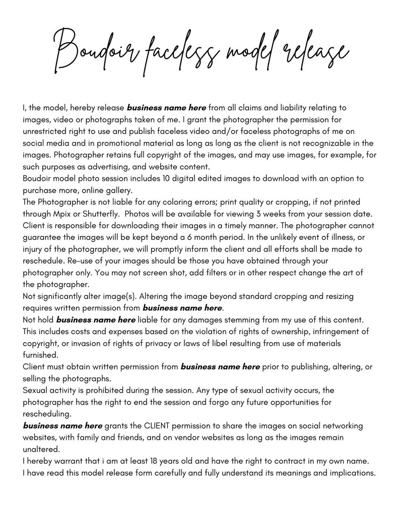 Canva Boudoir Model Release Photography Contract Template Boudoir ...