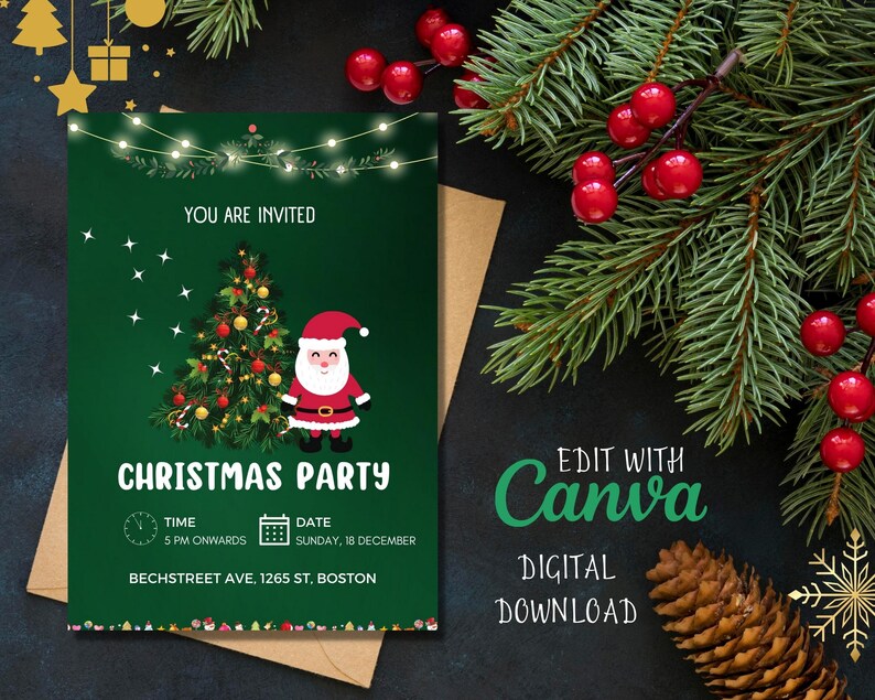 Editable Christmas Party Invitation Modern Green Holiday - Etsy