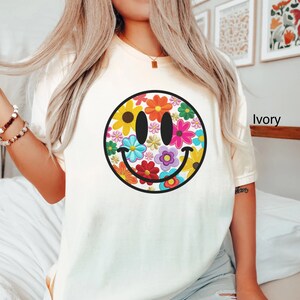 Comfort Colors Boho Floral Smile Face Shirt Faux Embroidered Retro ...