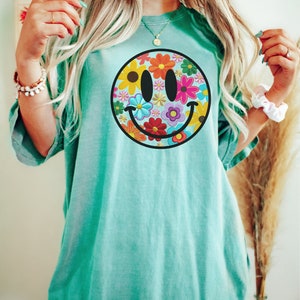 Comfort Colors Boho Floral Smile Face Shirt Faux Embroidered Retro ...