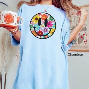 Comfort Colors Boho Floral Smile Face Shirt Faux Embroidered Retro ...