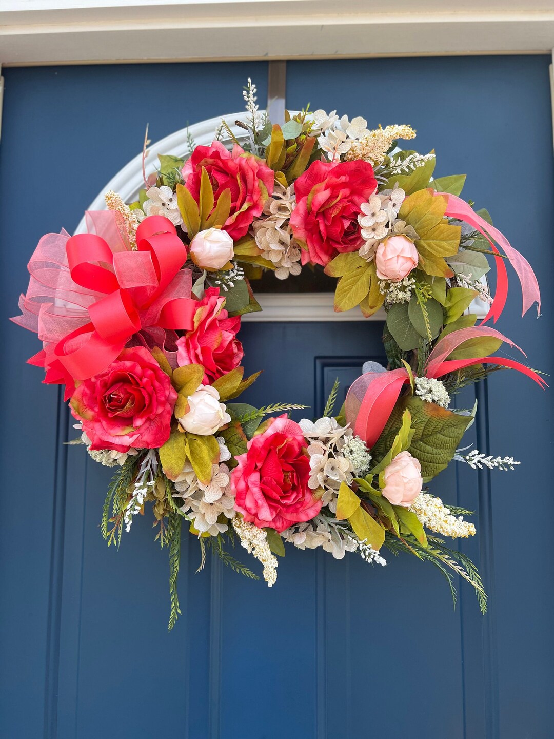 Coral /red Roses, Front Door, Home Decor, Hydrangeas, Spring Wreath ...