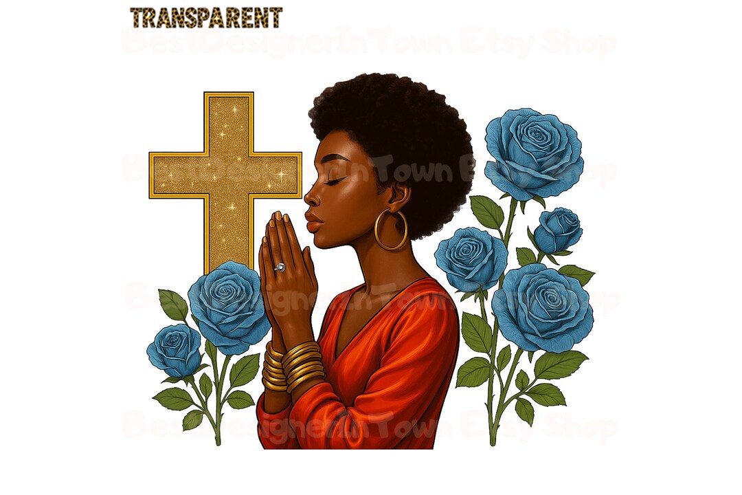 Whimsical Side Profile Prayer PNG, Blue Rose Cross PNG, African ...