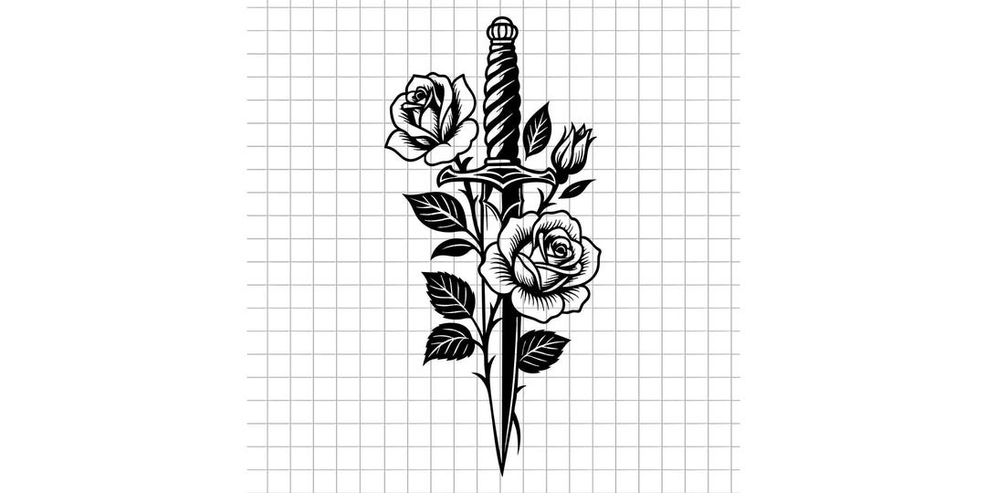 Rose Sword SVG, Floral Dagger SVG, Tattoo Style SVG, Rose and Blade ...