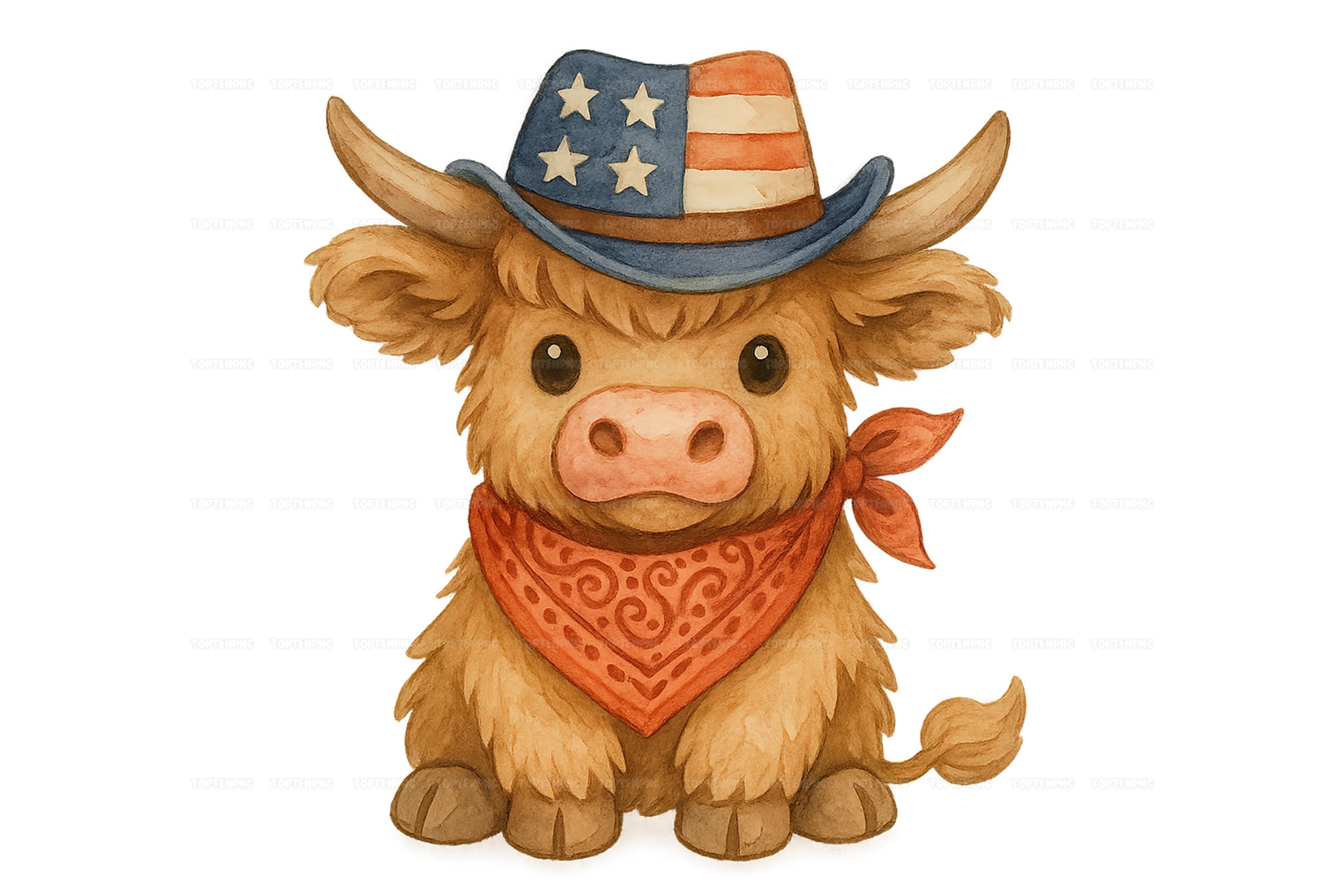 Cow in Cowboy Hat PNG, Highland Cow Clipart, Patriotic Animal PNG, Cute ...
