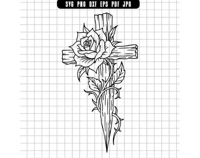 Floral Rose Cross Svg, Dove and Cross Clipart, Black and White Tattoo ...