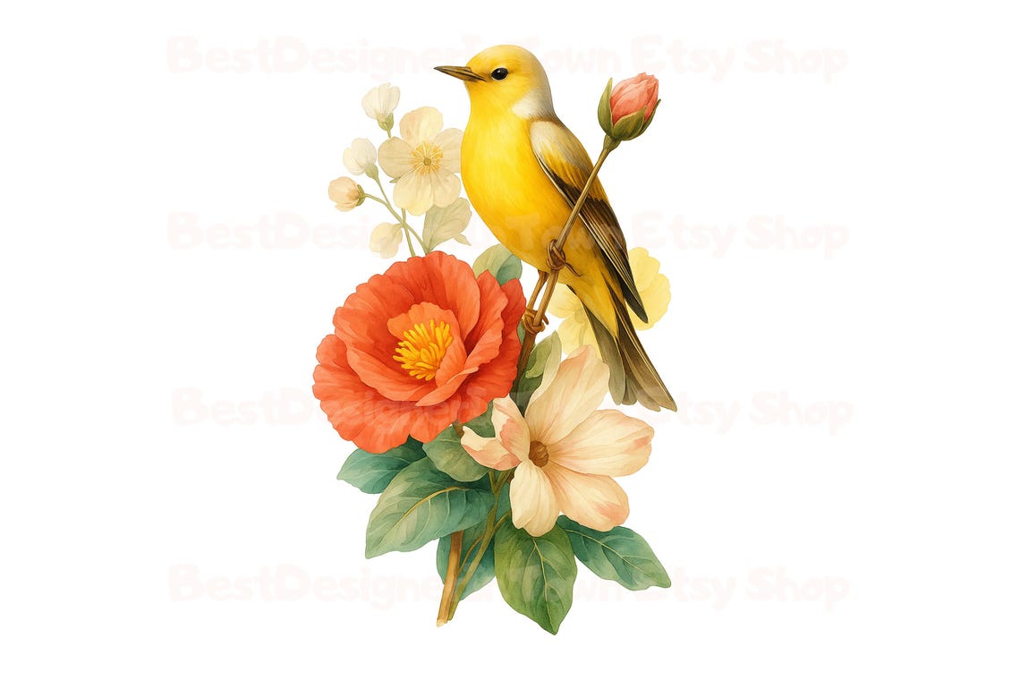 Yellow Bird PNG, Floral Bird Clipart, Garden Bird Art, Watercolor Bird ...