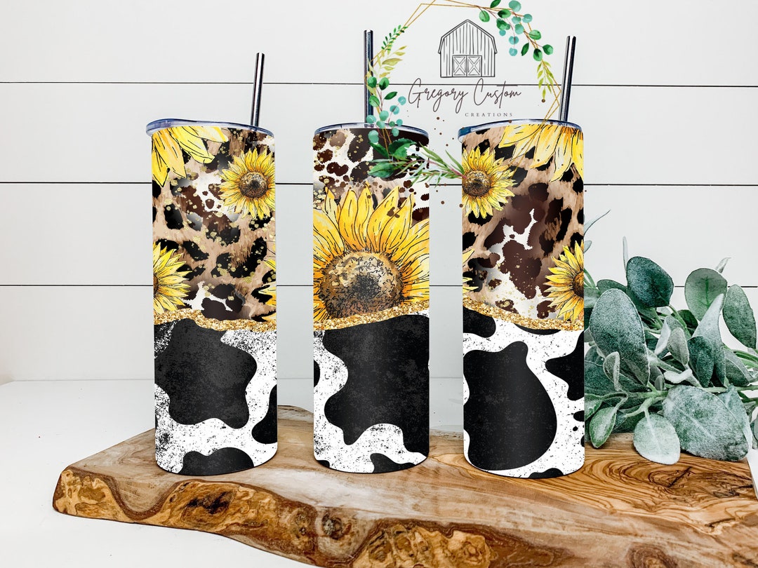 Sunglower Cowprint Leopard Animal Print Tumbler 20oz, Western Tumbler ...