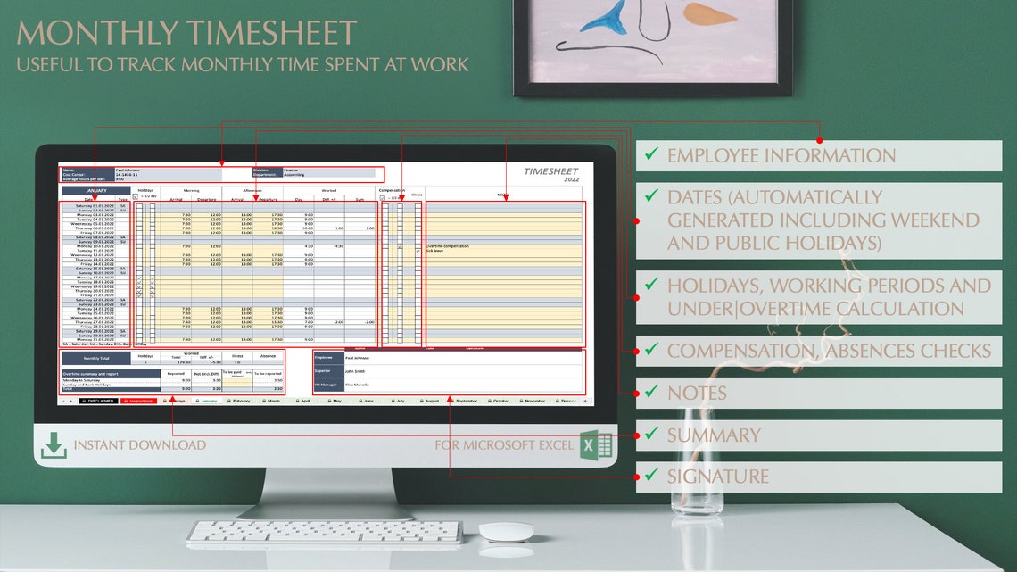 Employee Monthly Timesheet Excel Template Time Spent Excel Tool VBA ...