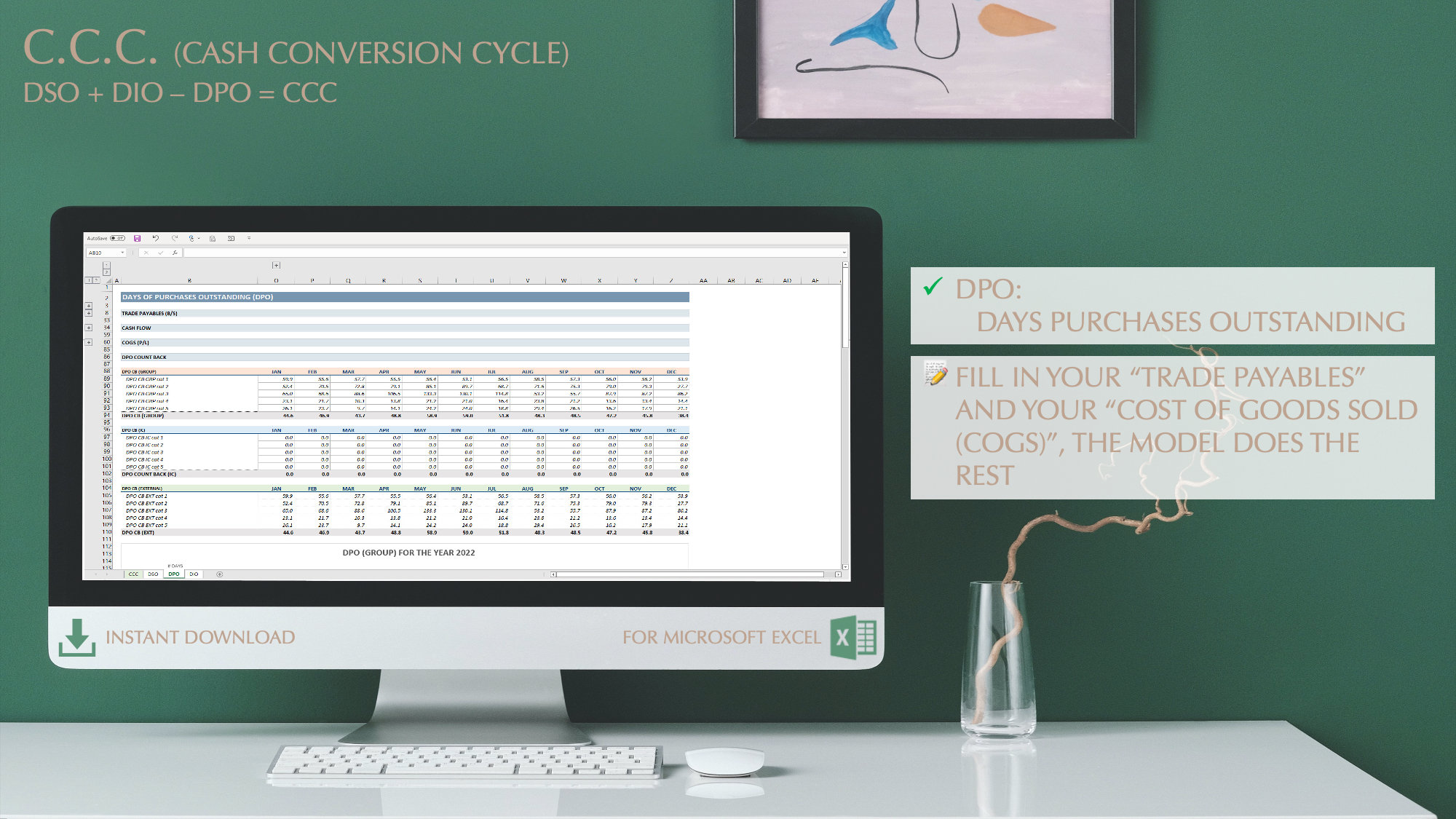 Cash Conversion Cycle | Excel Template | Cash Flow | DPO | DIO | DSO ...