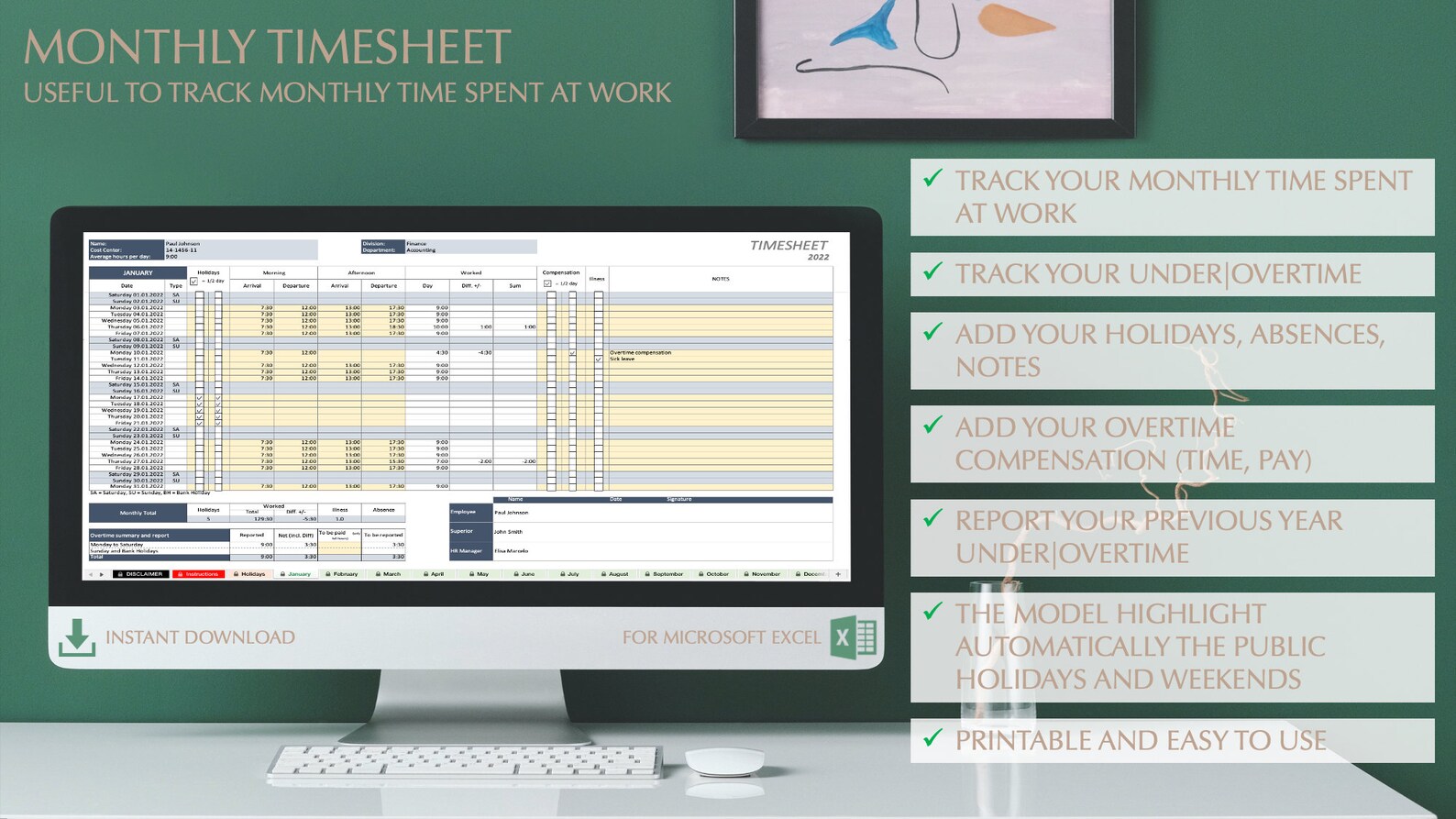 Employee Monthly Timesheet Excel Template Time Spent Excel Tool VBA Overtime Compensation Public ...