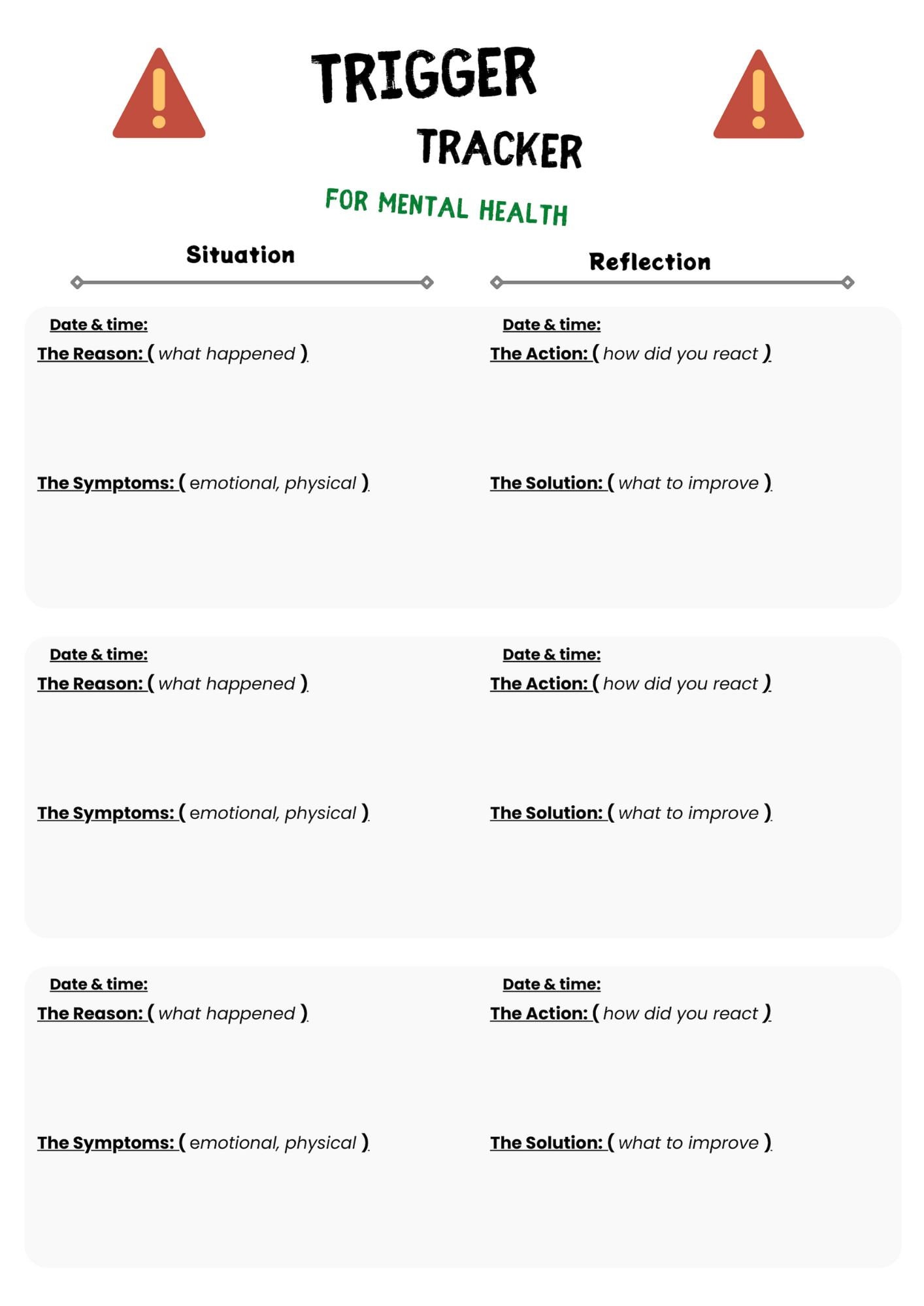 Trigger Tracker Printable Mental Health Planner Selfcare, Awareness ...