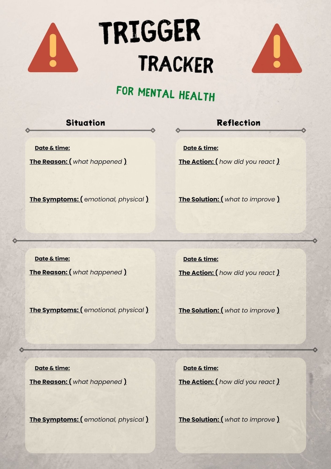 Trigger Tracker Printable Mental Health Planner Selfcare, Awareness ...