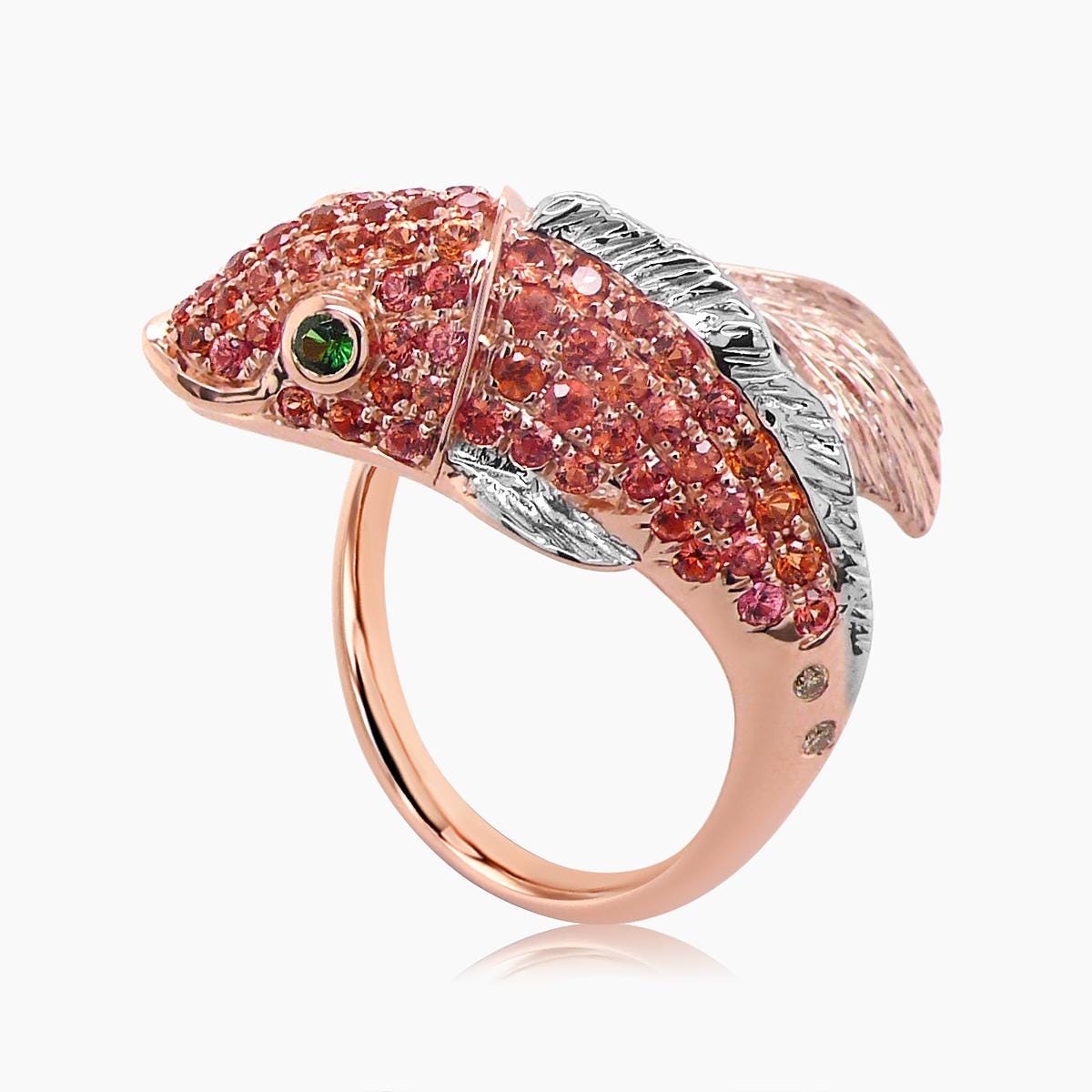 Sea Koi Fish Orange Sapphire Diamond Pave & Green 18k Rose Gold Animal ...