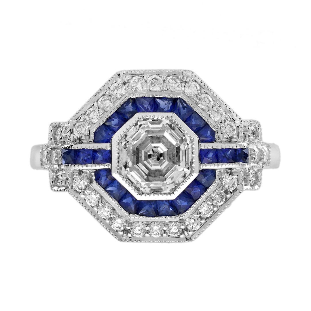 Hexagon Step Cut Diamond French Cut Blue Sapphire Art Deco Style Halo ...