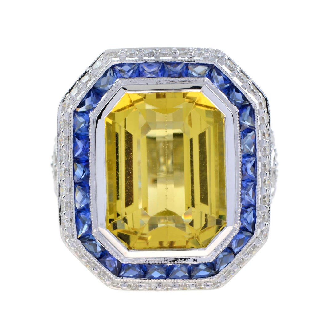 Emerald Cut Golden Beryl Heliodor & Blue Sapphire Diamond 14k White ...