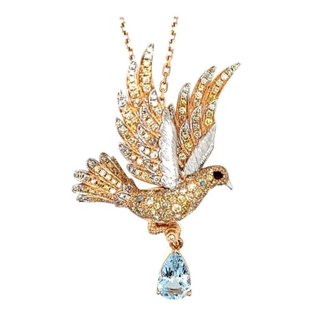 Aquamarine & Ruby Diamond Pave Dove Bird 18k Two Tone Gold Pendant ...