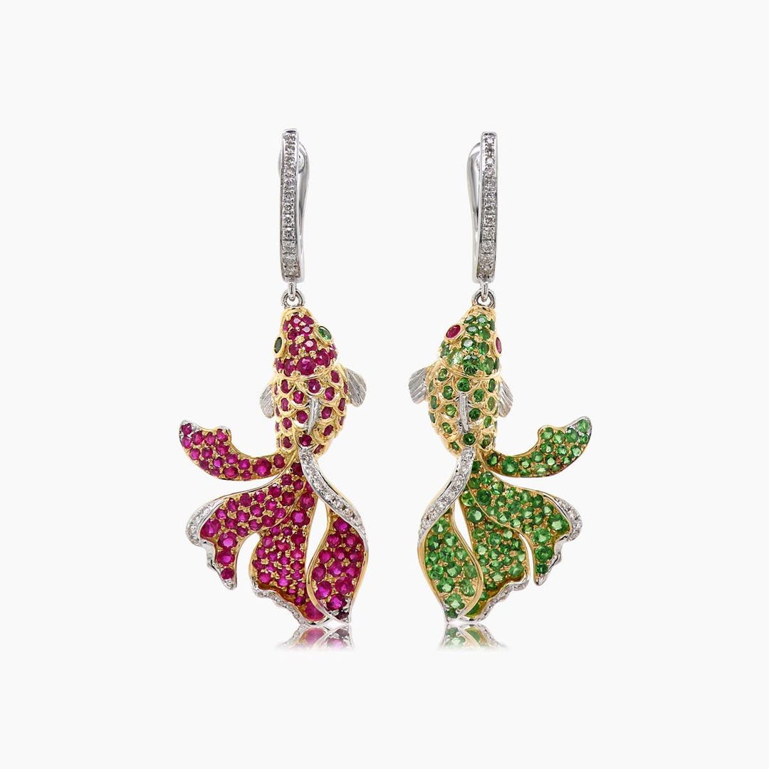 Koi Fish Diamond Pave Ruby Green Garnet 18k Yellow & White Gold ...