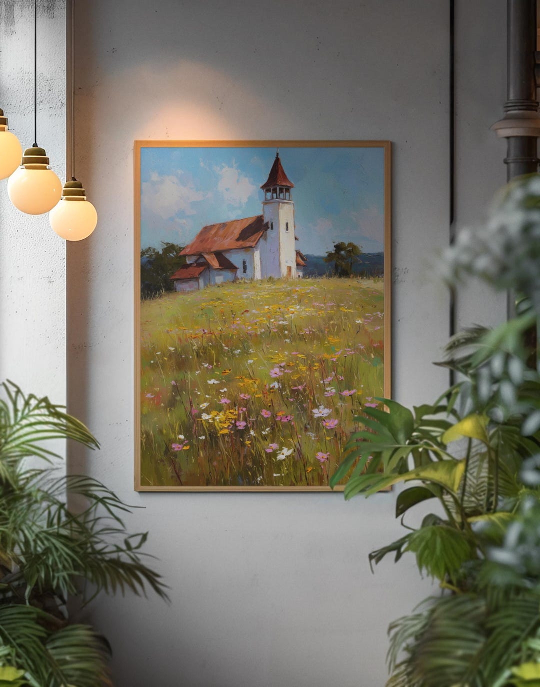 Country Chapel in Wildflowers – Rustic Church Landscape Digital Print ...